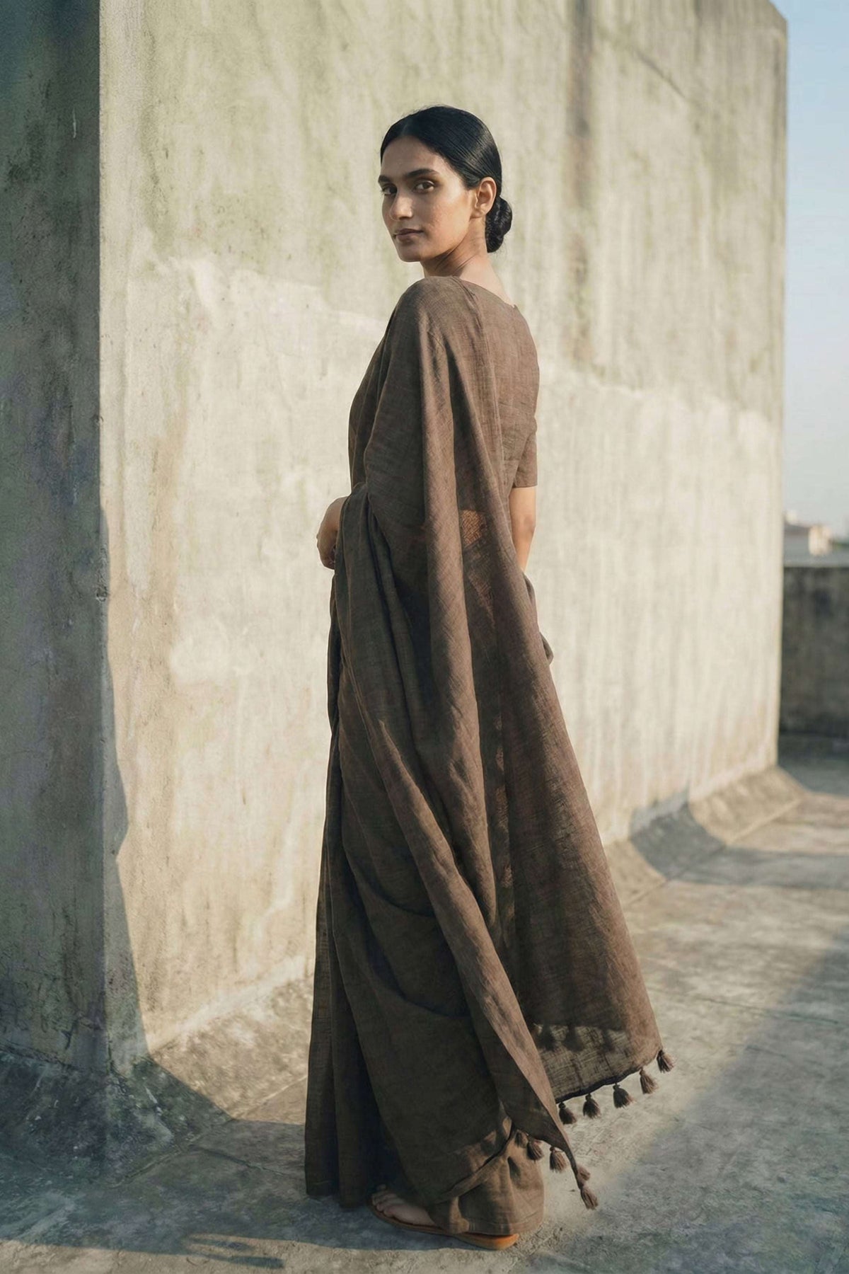 Baked Earth | Rust Terracotta Slub Cotton Saree | Indidha
