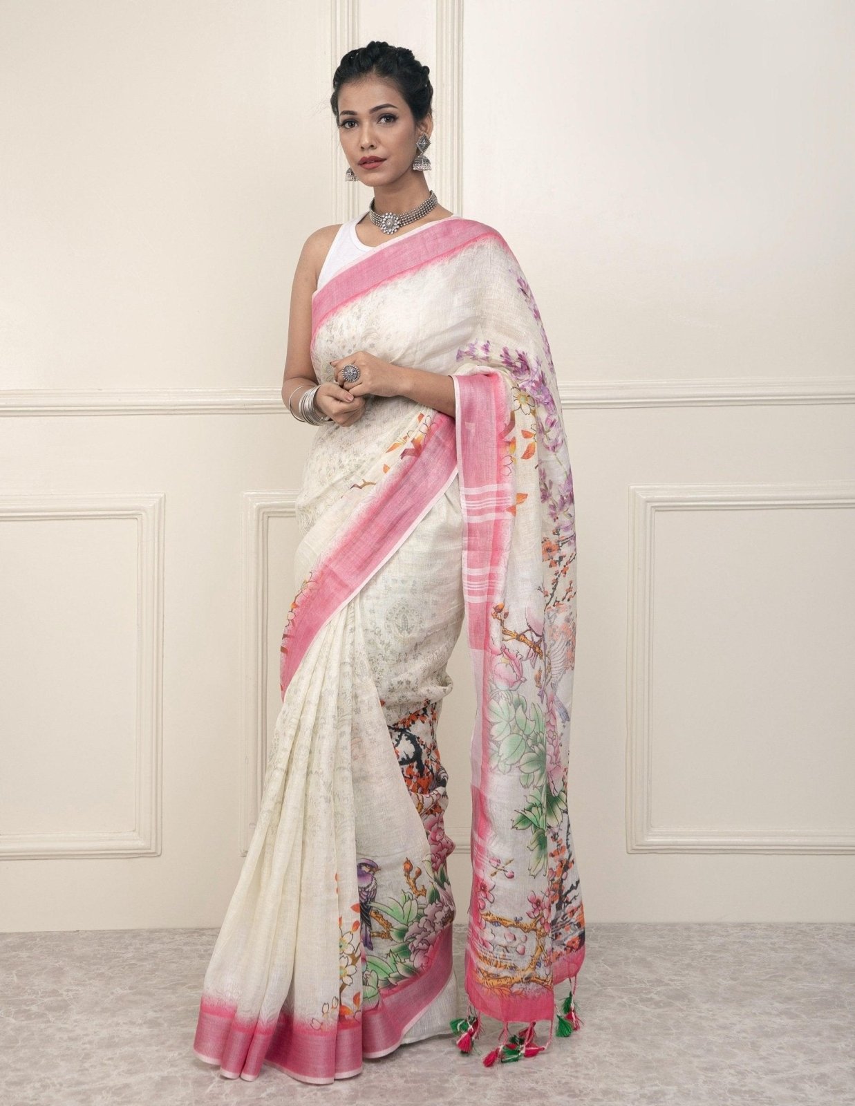 KUMUD Linen Saree | Floral Design | Indidha - Breathable & Elegant